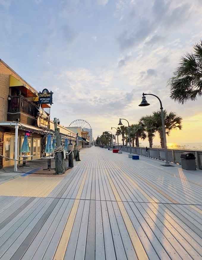 Sunset paints the sky in peach and lavender hues as palm trees frame this perfect coastal evening scene.