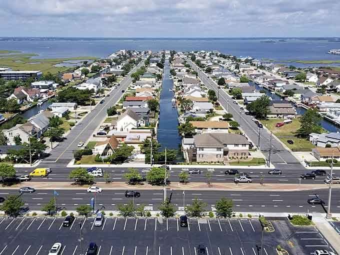 Aerial view shows canals cutting through neighborhoods like liquid streets, bringing the bay right to everyone's backyard.
