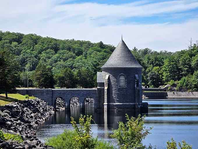 That stone tower rising from the water adds a fairy-tale touch to this engineering marvel from another era.