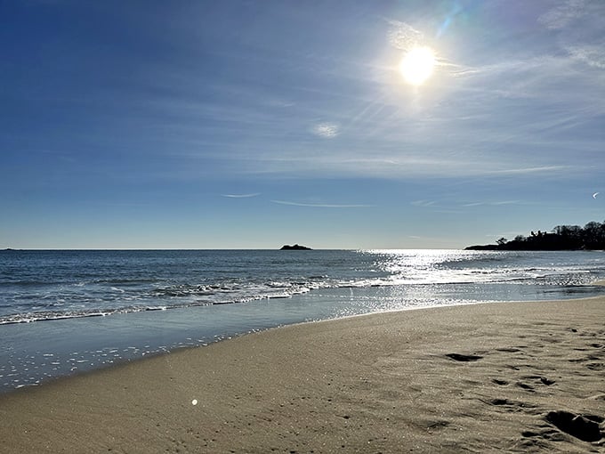 Gentle waves kiss the shore as sunlight dances across the water, creating diamonds that sparkle with each rolling tide.