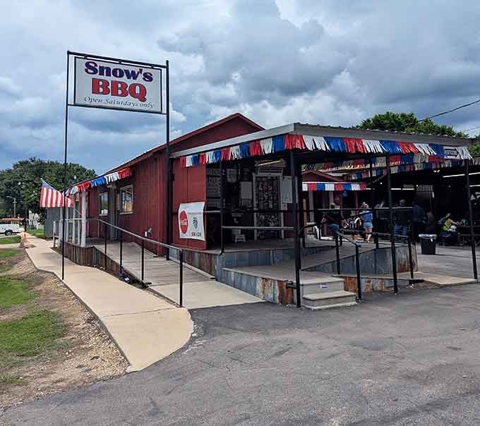 Red, white, and blue bunting decorates this humble building where once-a-week magic happens every Saturday without fail.