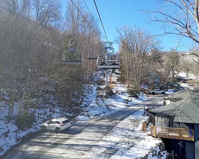 Winter snow dusting the slopes while chairlifts climb skyward&mdash;pure Swiss mountain magic in the Carolina highlands.