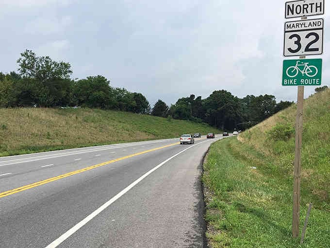 Route 32 rolls through gentle Maryland countryside, where bike routes and open roads invite leisurely exploration without traffic headaches.