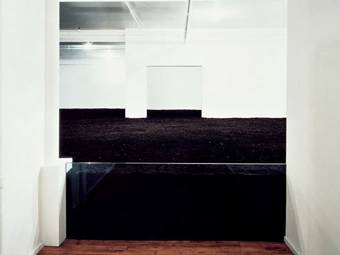Layers of dark soil stretch across white gallery space, making you question everything about urban living arrangements.