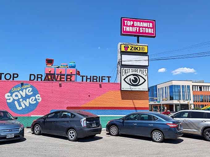 That colorful mural and bright signage announce this isn't your grandmother's thrift store, though she'd love it too.