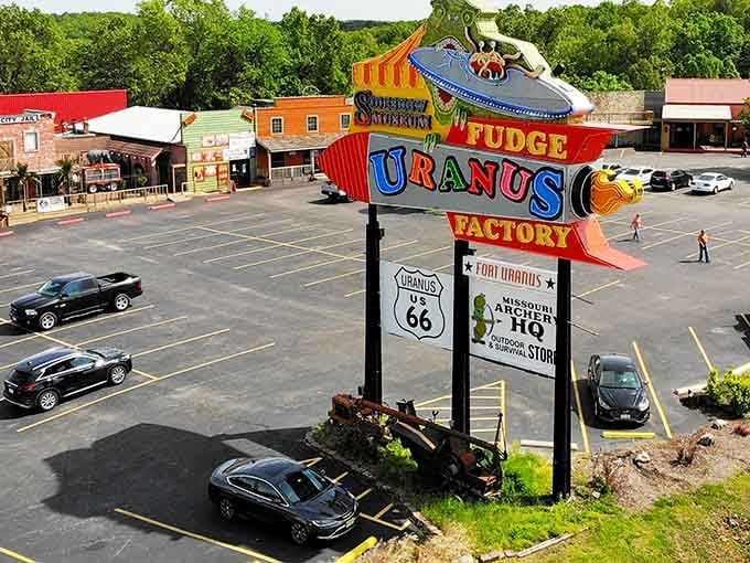 That UFO sign promises intergalactic fudge adventures, proving small towns have the best sense of humor.