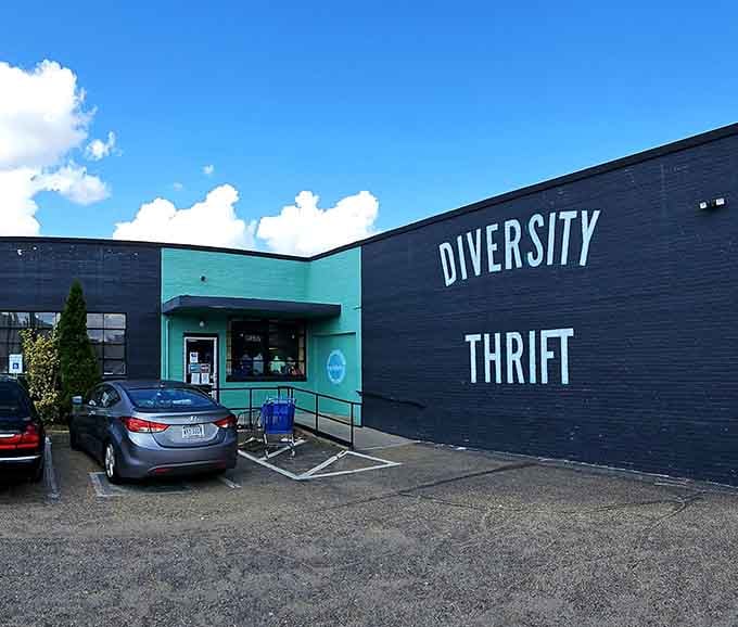 The bold signage and modern facade make this thrift store look more like a trendy boutique than a bargain hunter's paradise.
