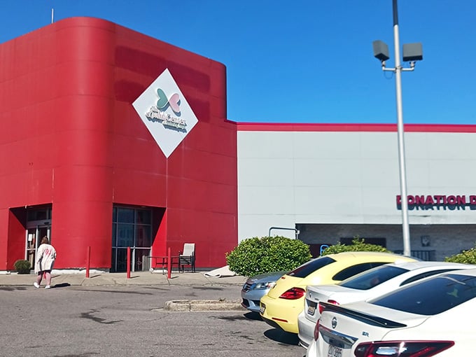 That bold red exterior isn't shy about announcing bargain paradise, and neither is that packed parking lot.