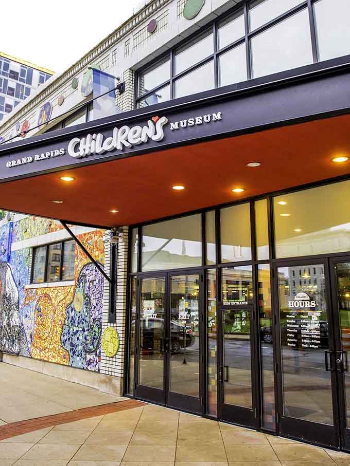 Downtown Grand Rapids welcomes families with colorful mosaic art that promises wonder just beyond those glass doors.