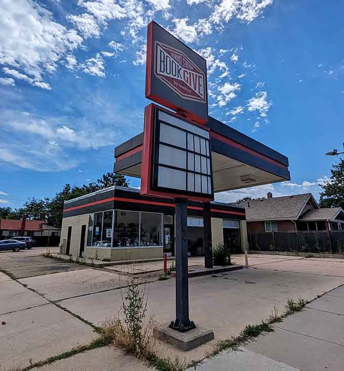 That retro gas station sign now advertises the best kind of fuel: free books for your brain.