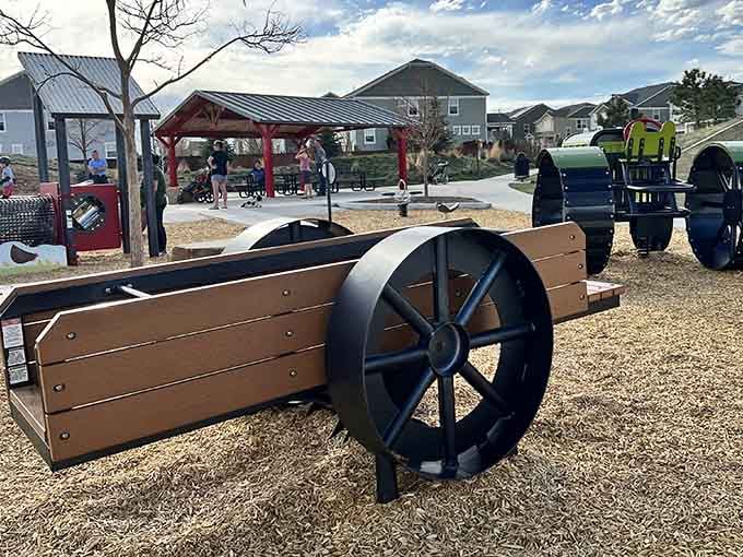 Those oversized wagon wheels aren't just for show; they're an invitation to childhood adventure.
