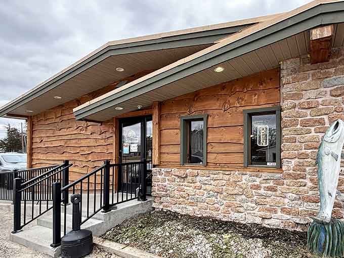 Natural wood and stone welcome you to northern Michigan's smokehouse secret hiding in plain sight.