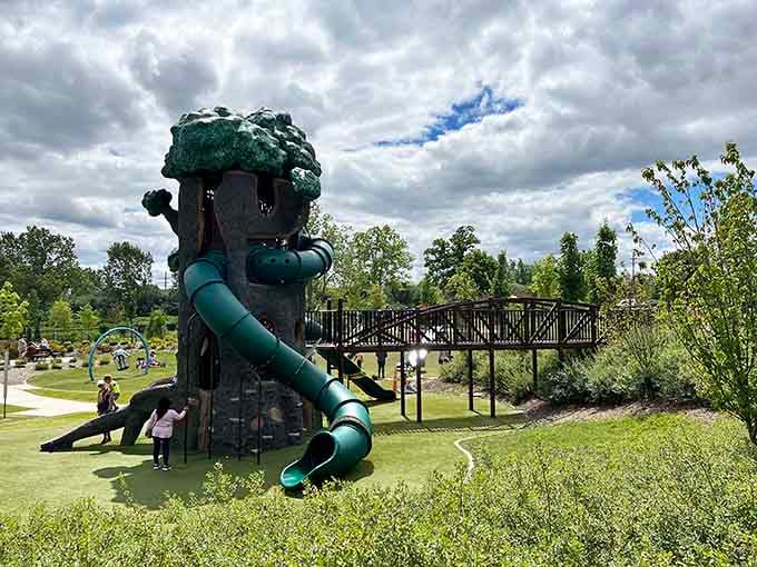 The treehouse, with its twisting slides and playful design, looks like it sprang straight from a wild and imaginative dream.