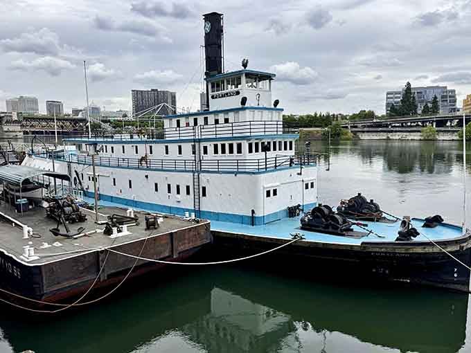 The Portland sits proudly on the Willamette, a working tugboat turned time machine that's ready for your visit today.
