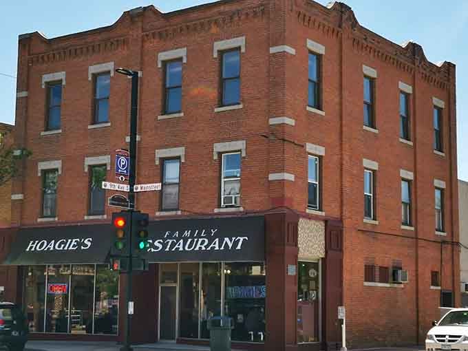 That classic brick corner building houses breakfast dreams and prices from another era, blessedly frozen in time.