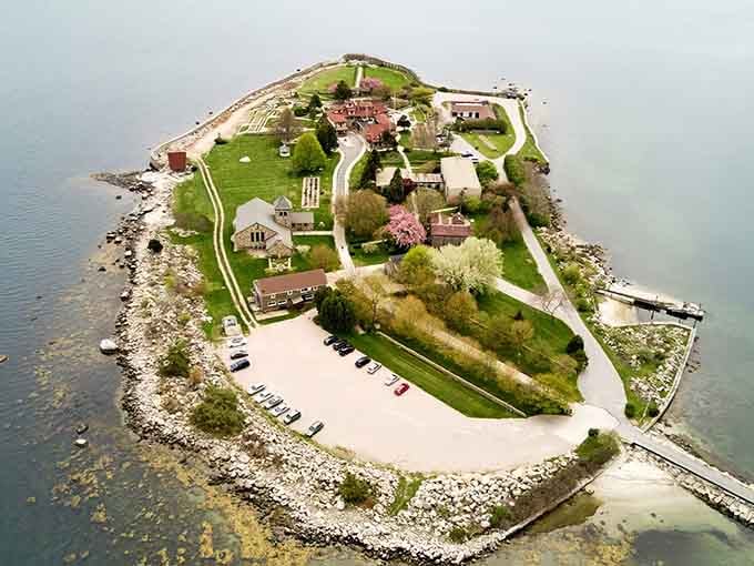 From above, this eleven-acre sanctuary looks like someone's ambitious model train layout, except with significantly more spiritual enlightenment.