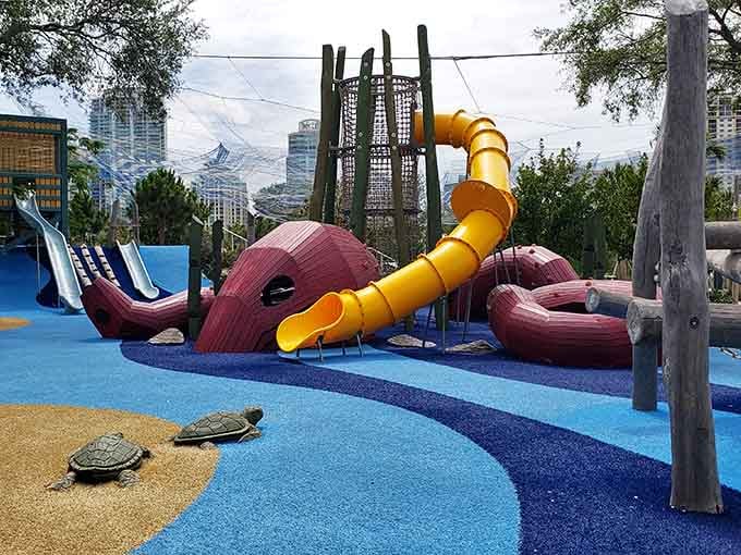 Even the turtles on the ground are trying to join the fun at this aquatic wonderland.