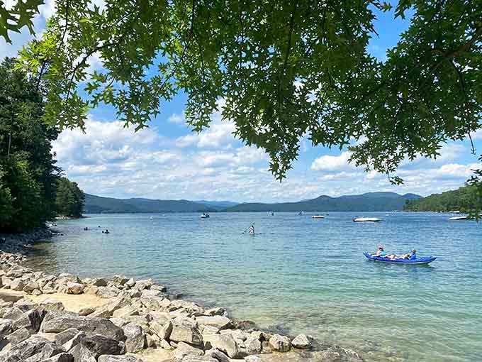 That turquoise water isn't a filter trick, it's just Lake Jocassee showing off its natural Caribbean vibes.