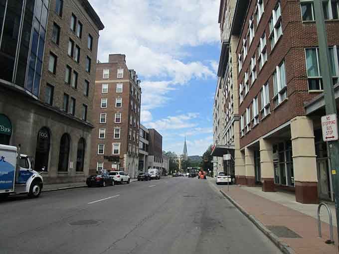 Downtown Ithaca stretches out with that perfect small-city charm where church spires still define the skyline.