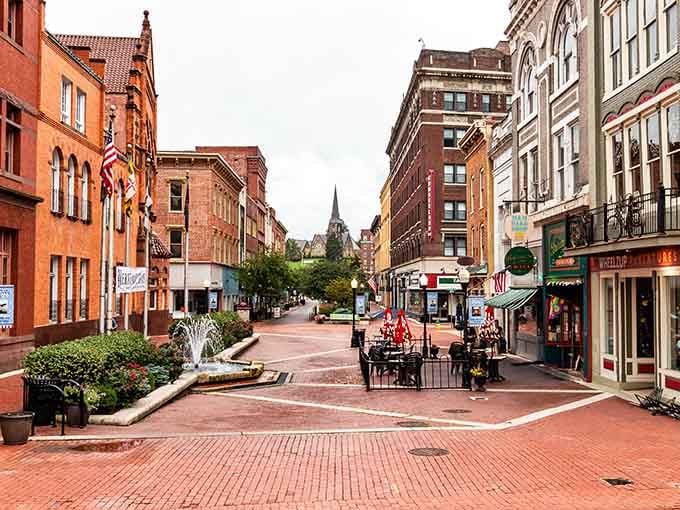 Downtown Cumberland looks like someone preserved a Victorian postcard, complete with church steeples and brick streets that remember better parking.