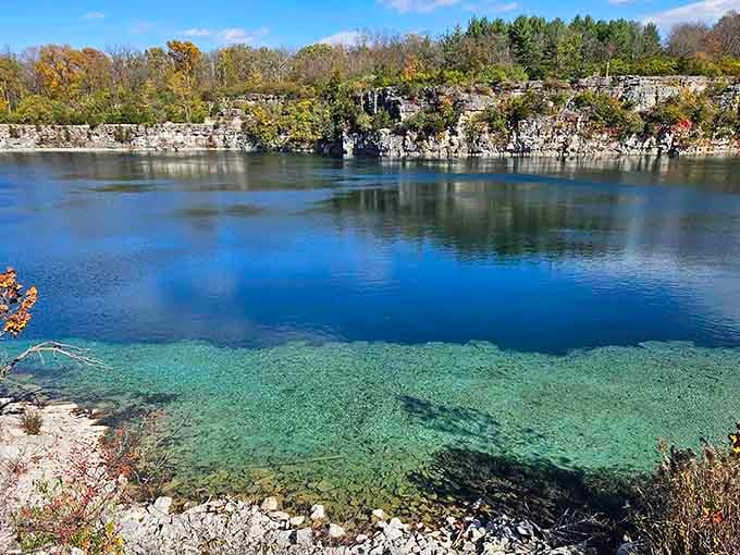 That water clarity isn't a filter trick; it's the real deal at this stunning Indiana quarry paradise.
