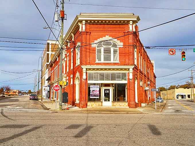 That striking red brick corner building proves Rocky Mount's downtown has architectural bones worth celebrating every single day.