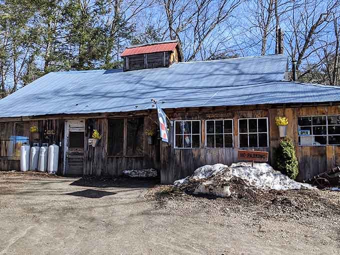 That weathered barn exterior isn't trying to be rustic, it just is, and that's the whole point.