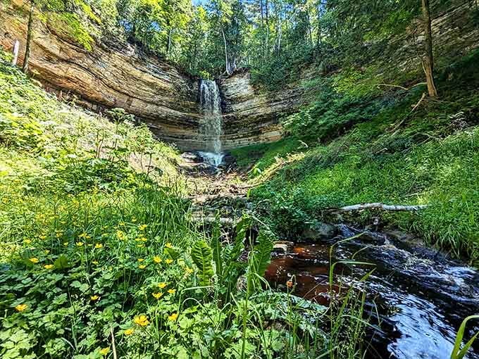 Lush greenery surrounds the cascade, creating a natural amphitheater where water performs its timeless show perfectly.