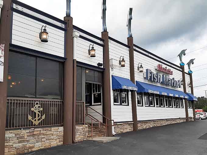 The exterior promises nautical adventures, complete with a dolphin keeping watch over hungry diners below.