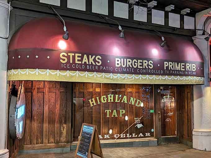 That wooden facade isn't fooling anyone; this underground steakhouse means serious business about your dinner tonight.