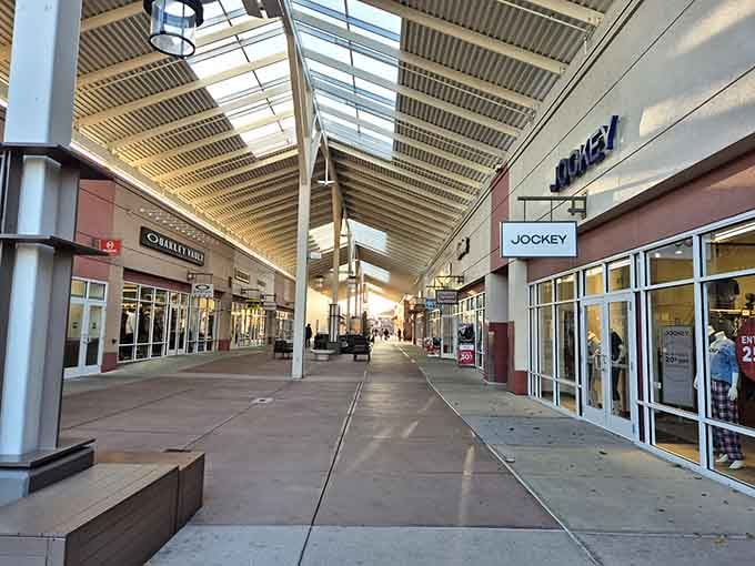 Wide walkways and covered areas make this outdoor mall feel more like a pleasant neighborhood than a shopping center.