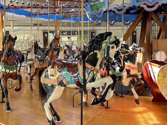 Hand-carved wooden horses frozen mid-gallop, each one a masterpiece that puts modern amusement parks to shame.