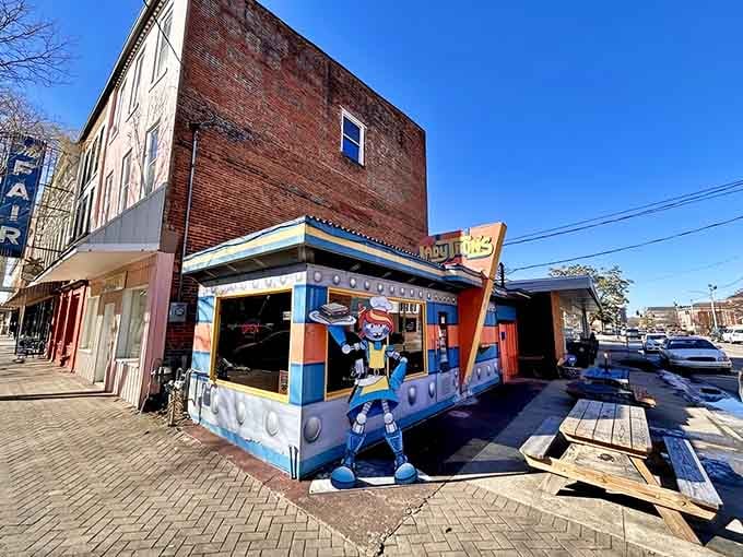 That robot mascot isn't just standing guard &ndash; it's practically begging you to come inside for lunch.