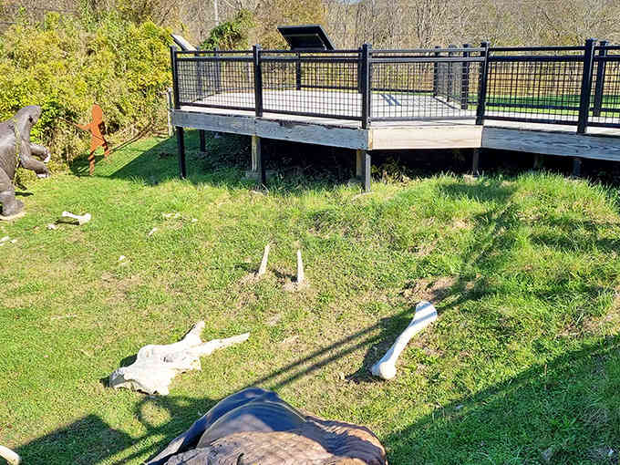 Nothing says "welcome to the Ice Age" quite like giant replica bones casually scattered across the lawn.