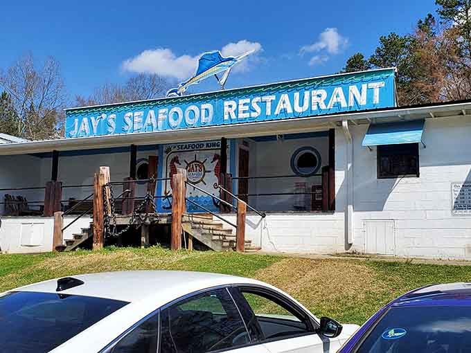 That marlin on the roof isn't just decoration; it's a promise of the seafood treasures waiting inside this landlocked gem.