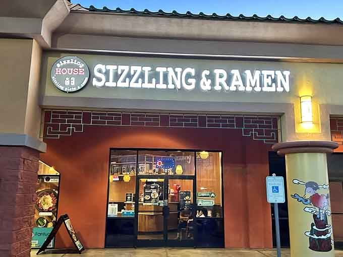 The storefront at dusk promises noodles and robots, which is exactly the kind of combination your Tuesday needed.