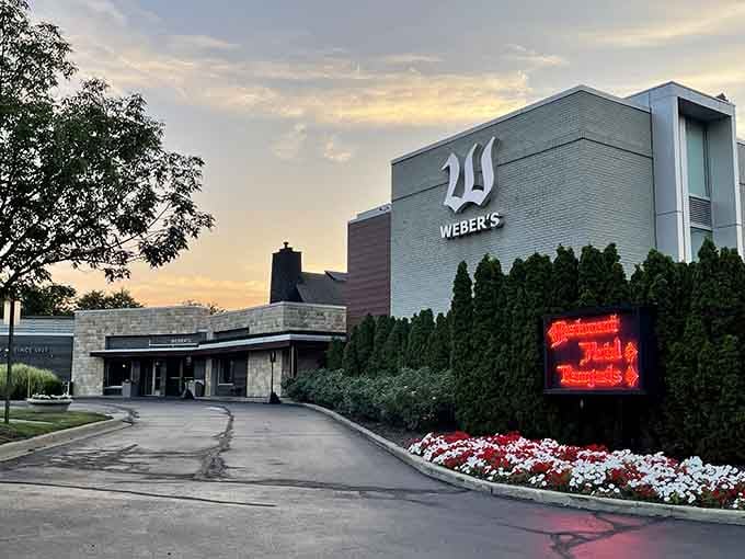 The sunset behind Weber's looks like nature itself is giving this Ann Arbor institution a well-deserved spotlight moment.
