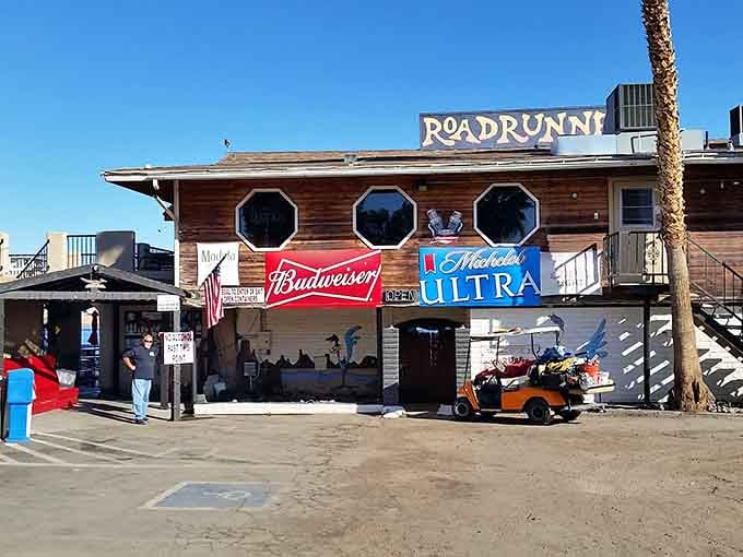 Those porthole windows and wooden beams create a nautical vibe that somehow makes perfect sense in the middle of the desert.