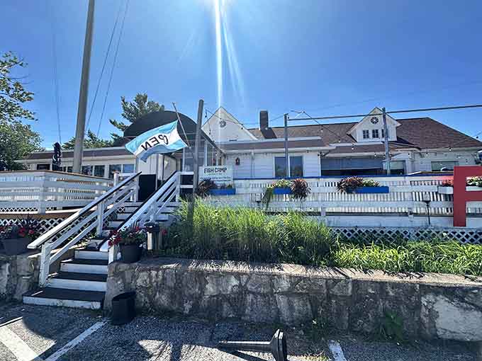 The charming exterior promises fresh catches and good times, like finding a coastal gem in the Midwest.