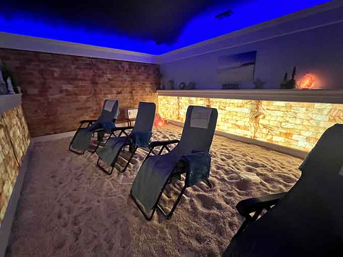 The main salt room glows like a sunset over the Chesapeake, minus the humidity and mosquitoes.
