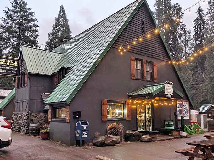 That green metal roof and stone foundation aren't just for show; they're your beacon to burger paradise in the woods.