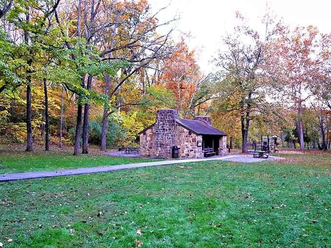 Fall colors frame this charming stone shelter, proving Illinois knows how to put on an autumn show worth leaving the house for.