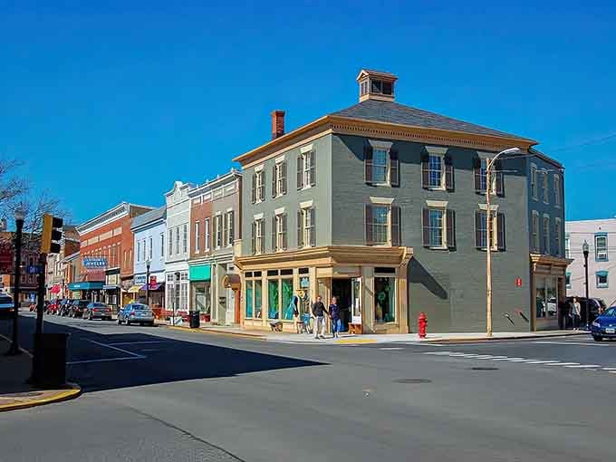 Sunny skies and historic storefronts await you as you wander through this charming street filled with local shops and character.