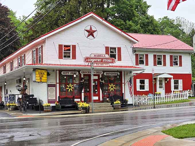 That red-trimmed white facade isn't just charming, it's basically a beacon calling you toward homemade happiness and sponge candy glory.