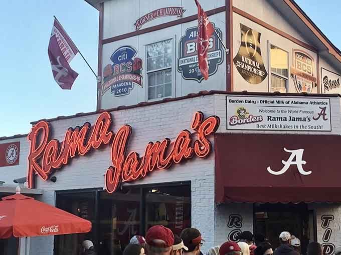 The crimson and white exterior isn't just school spirit, it's a beacon calling hungry fans home to breakfast glory.