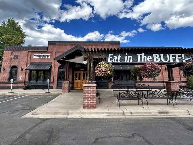 That "Eat in The BUFF" sign isn't just clever marketing, it's a promise of breakfast paradise in Boulder.