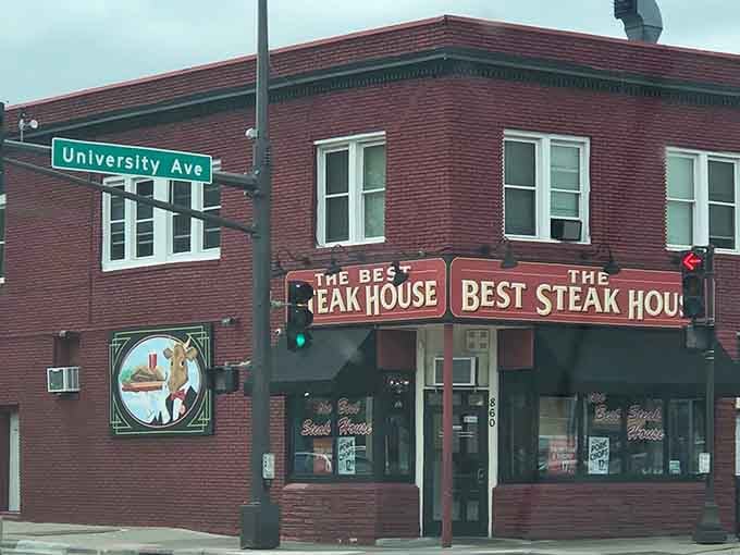 That classic red brick corner building isn't shy about its mission: serving outstanding steaks to hungry St. Paul diners.