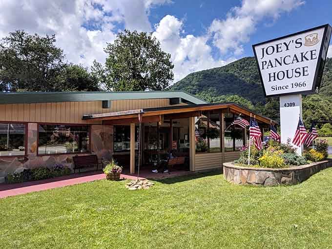 That classic mountain diner exterior promises serious breakfast business, and those American flags aren't just for show.