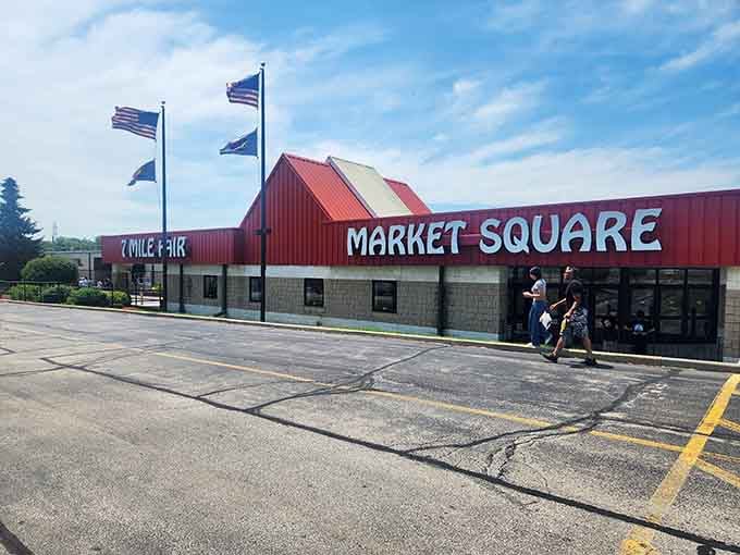 That red roof and Market Square sign mark the gateway to Wisconsin's ultimate treasure hunting adventure.