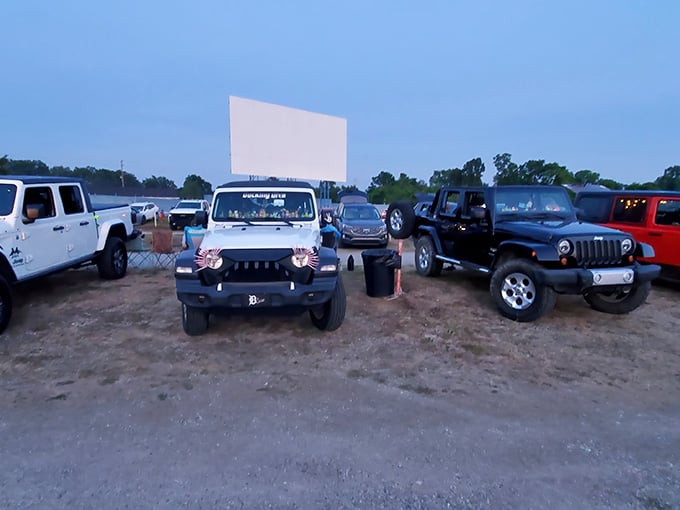 Classic cars lined up like eager moviegoers waiting for the main event to begin under open skies.